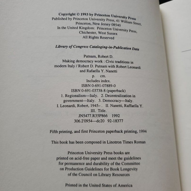 Making Democracy Work by Robert D. Putnam, Robert. Leonardi, Raffaella ...