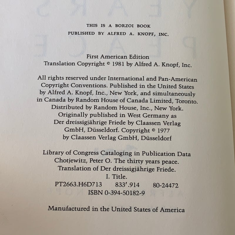 The Thirty Years Peace by Peter O. Chotjewitz, Robert Kimber, Rita Kimber