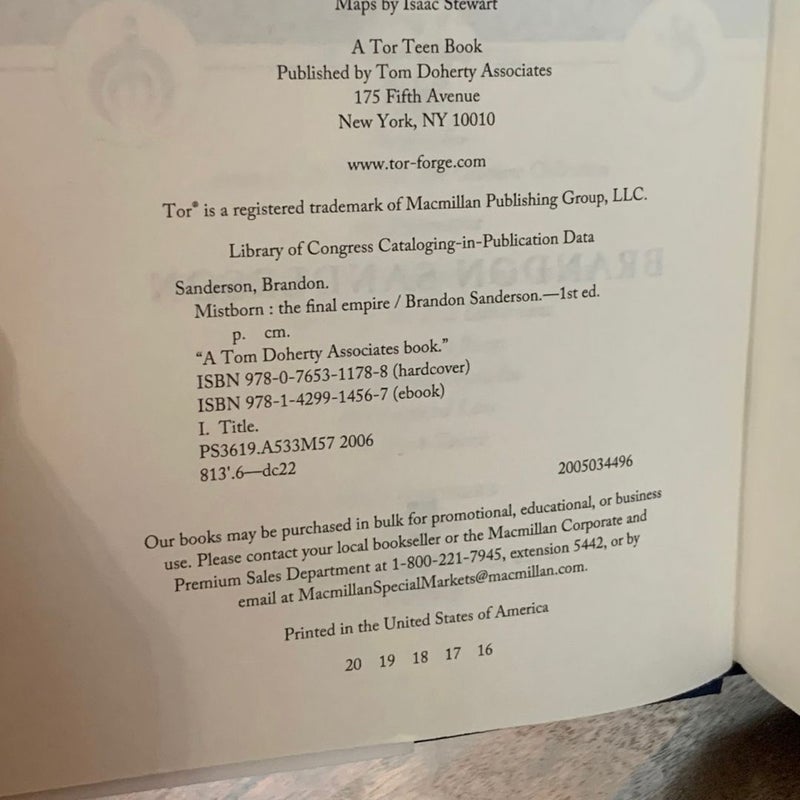 Mistborn : The Final Empire Brandon Sanderson 1st edition, 16th print ...