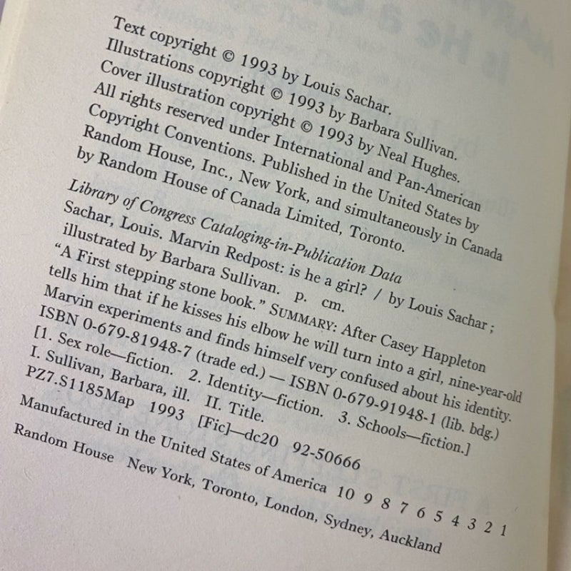 Marvin Redpost Is He a Girl? by Louis Sachar 1993 Paperback Book 90s ...