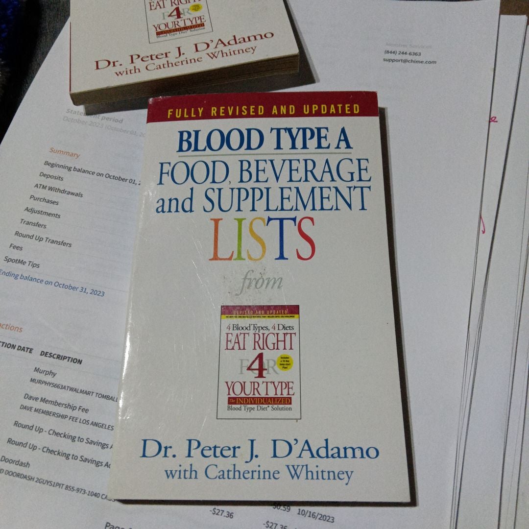 Blood Type a Food, Beverage and Supplement Lists by Peter J. D'Adamo