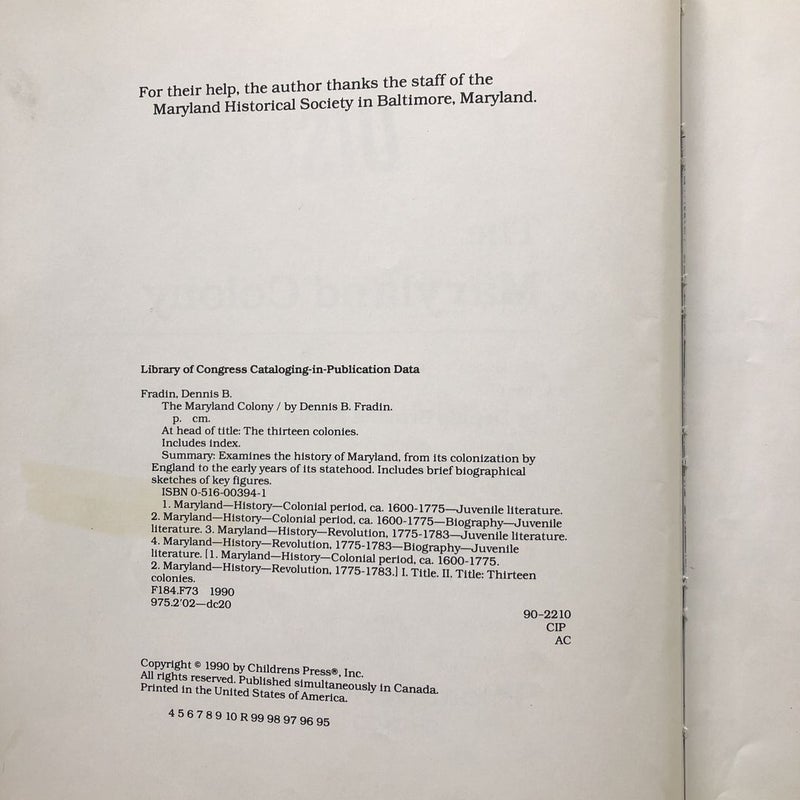 The Maryland Colony by Dennis Brindell Fradin