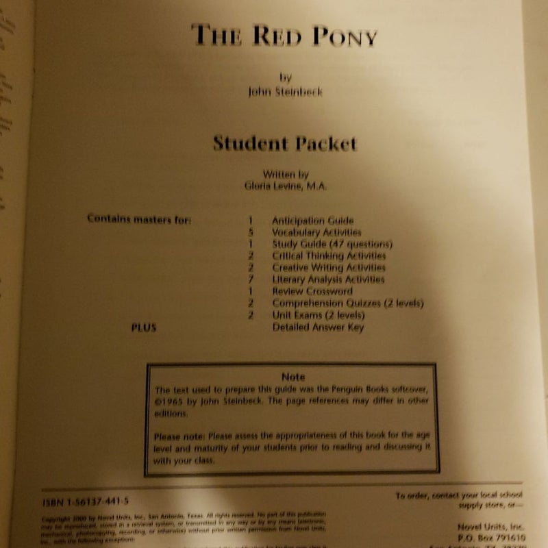 The Red Pony Novel Units Teacher Guide by Novel Units, Paperback ...