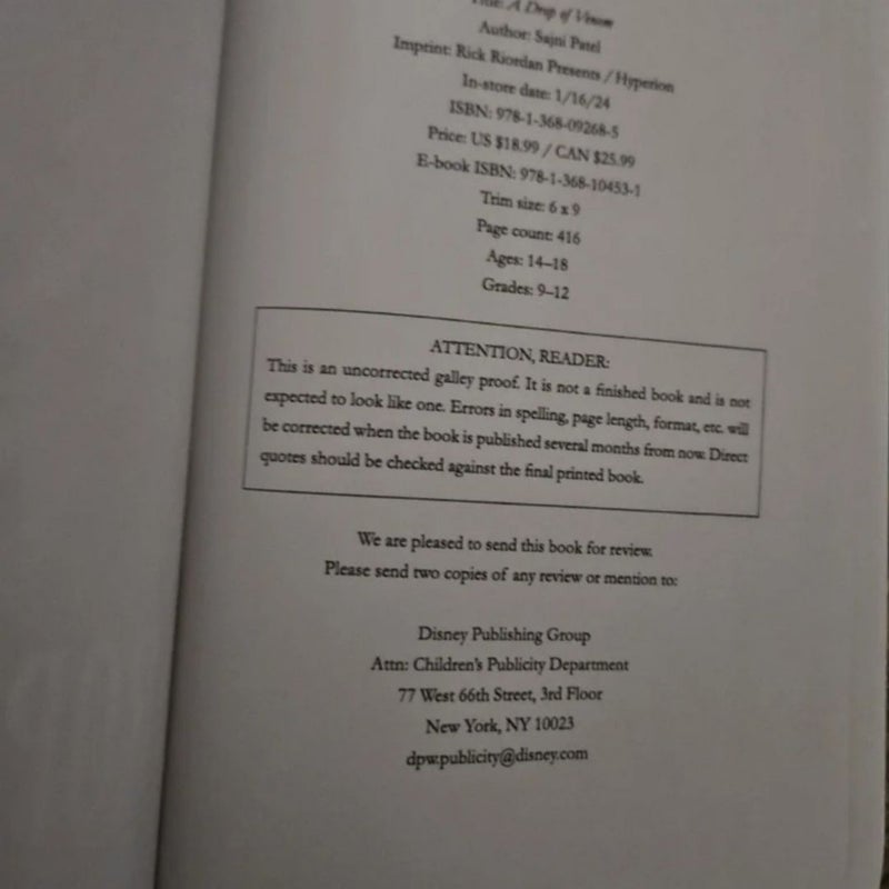 A drop of venom advance readers copy (ARC) with signed book plate, art ...