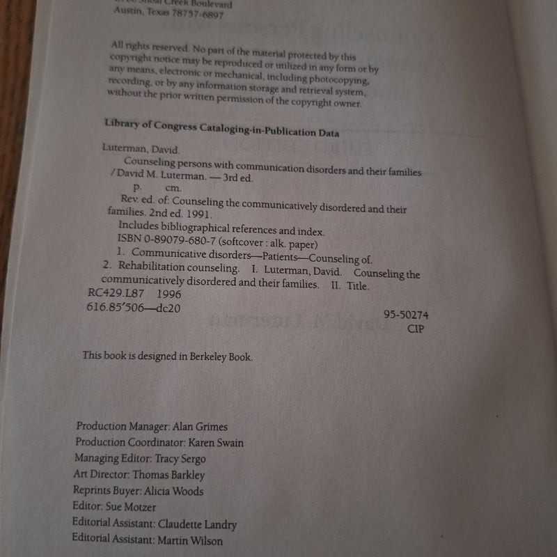 Counseling Persons with Communication Disorders and Their Families, 3rd ...